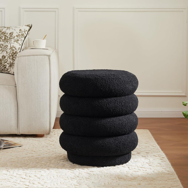 17.5 Round Ottoman Foot Stool Fabric Storage Footrest Vanity Stool Chair Modern Sherpa Upholstered Padded Seat With Lid For Living